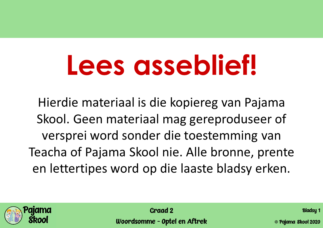 Graad 2: Woordsomme – Optel en Aftrek • Teacha! Graad 2: Woordsomme – Optel en Aftrek • Teacha!